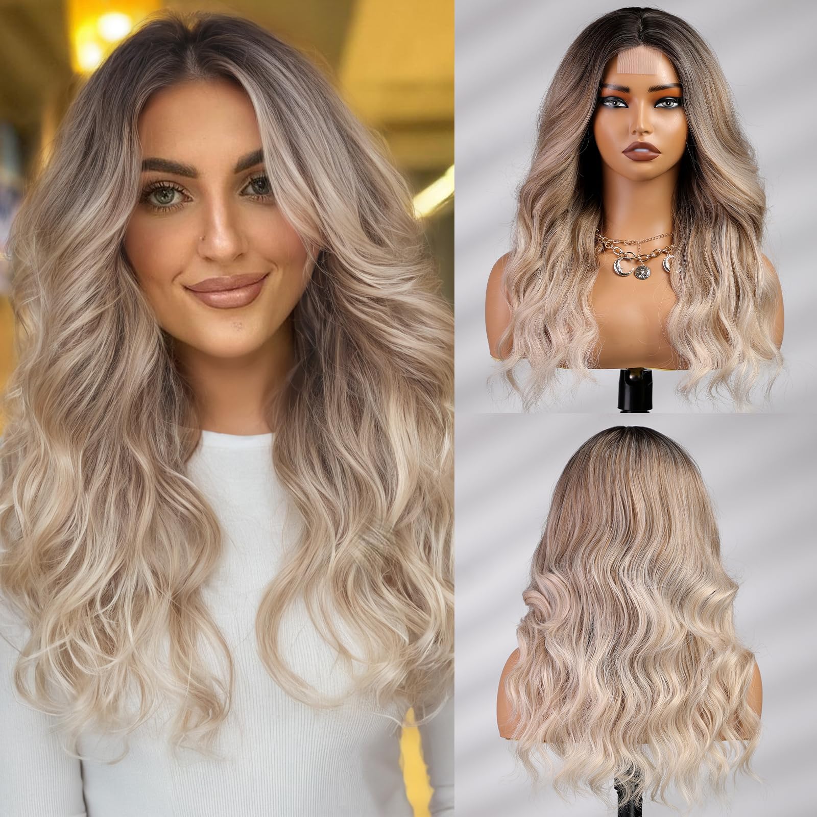 Amazon.com : starluck Ombre Ash Blonde Long Wavy Wig for Women 22 Inch ...