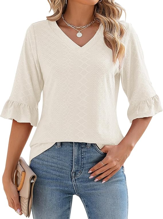 LOMON 3/4 Length Sleeve Womens Tops Summer Loose V-Neck Eyelet T-Shirts ...