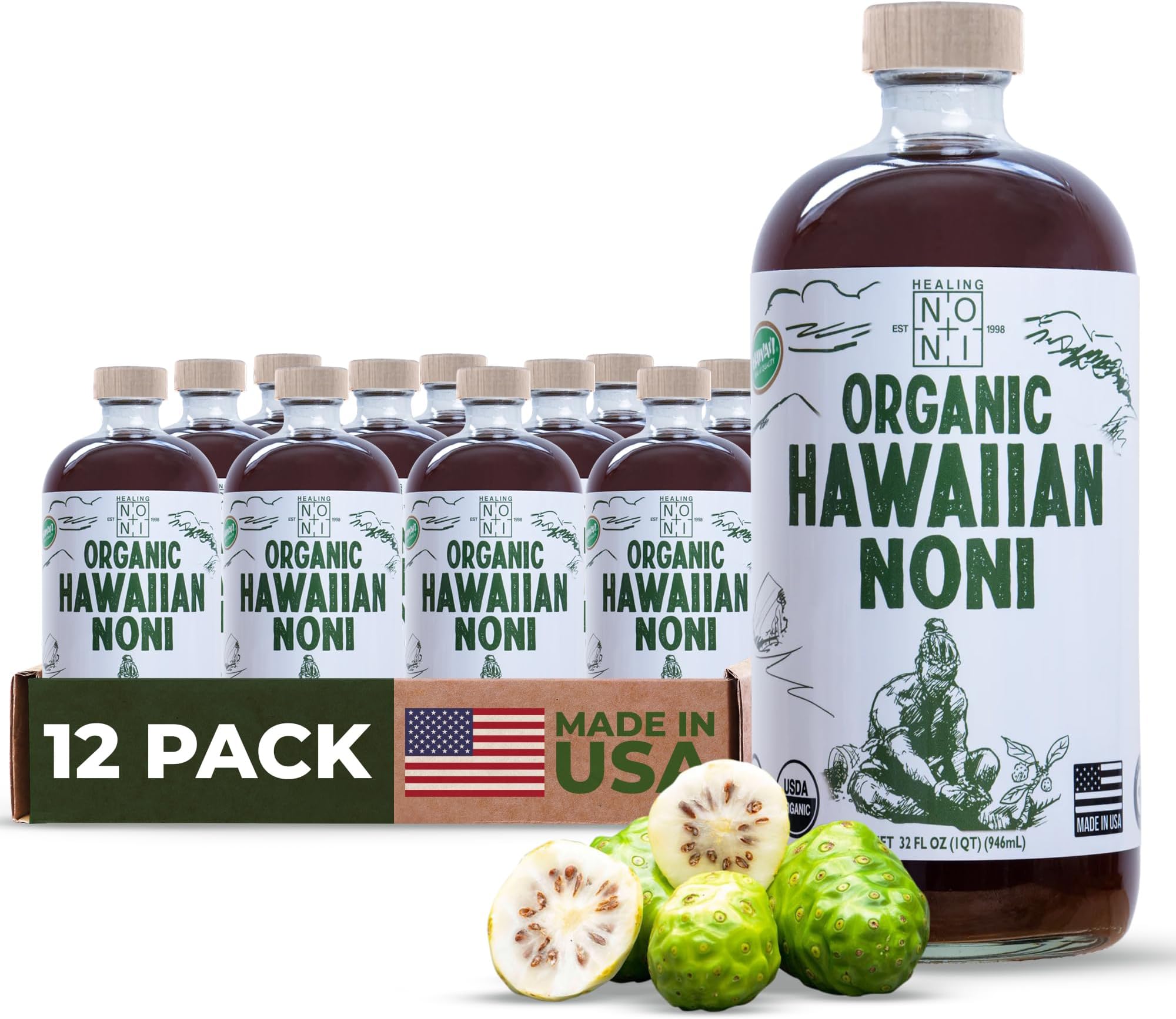 Amazon.com : Healing Noni - 12-Pack Glass Bottle 32oz - 100% Pure ...