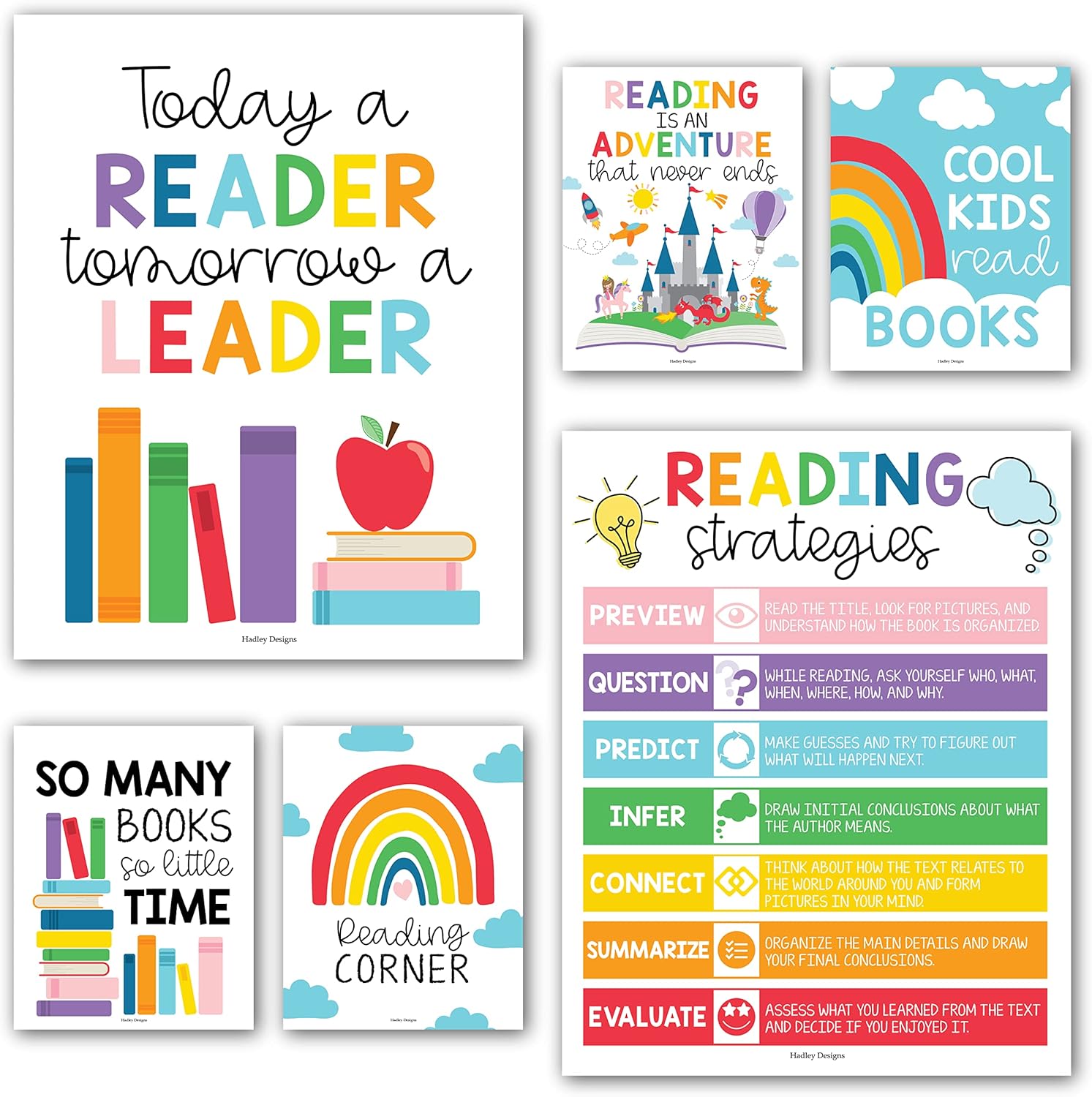 Amazon.com : Hadley Designs Motivational Reading Posters For Classroom ...