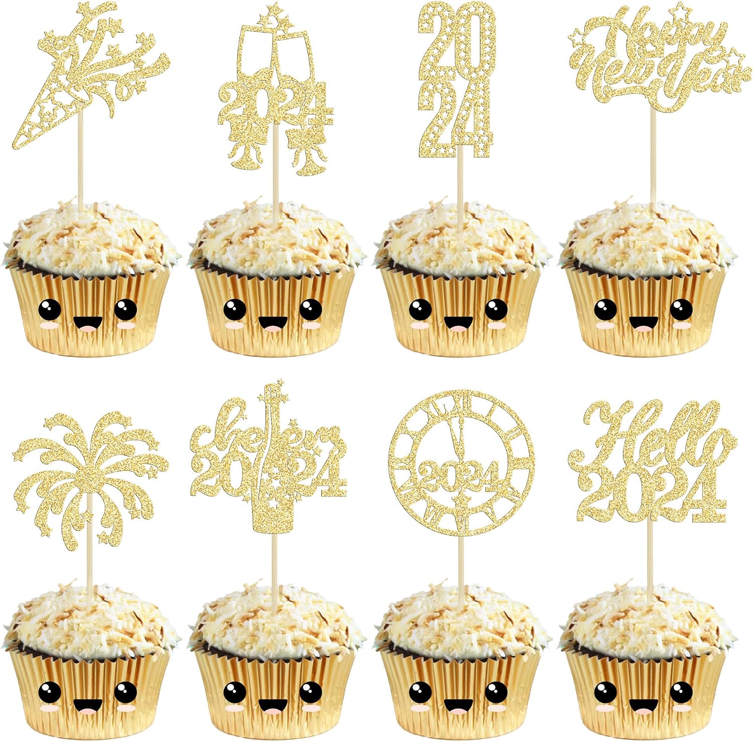Amazon.com: Gyufise 24Pcs 2024 Happy New Year Cupcake Toppers Gold ...