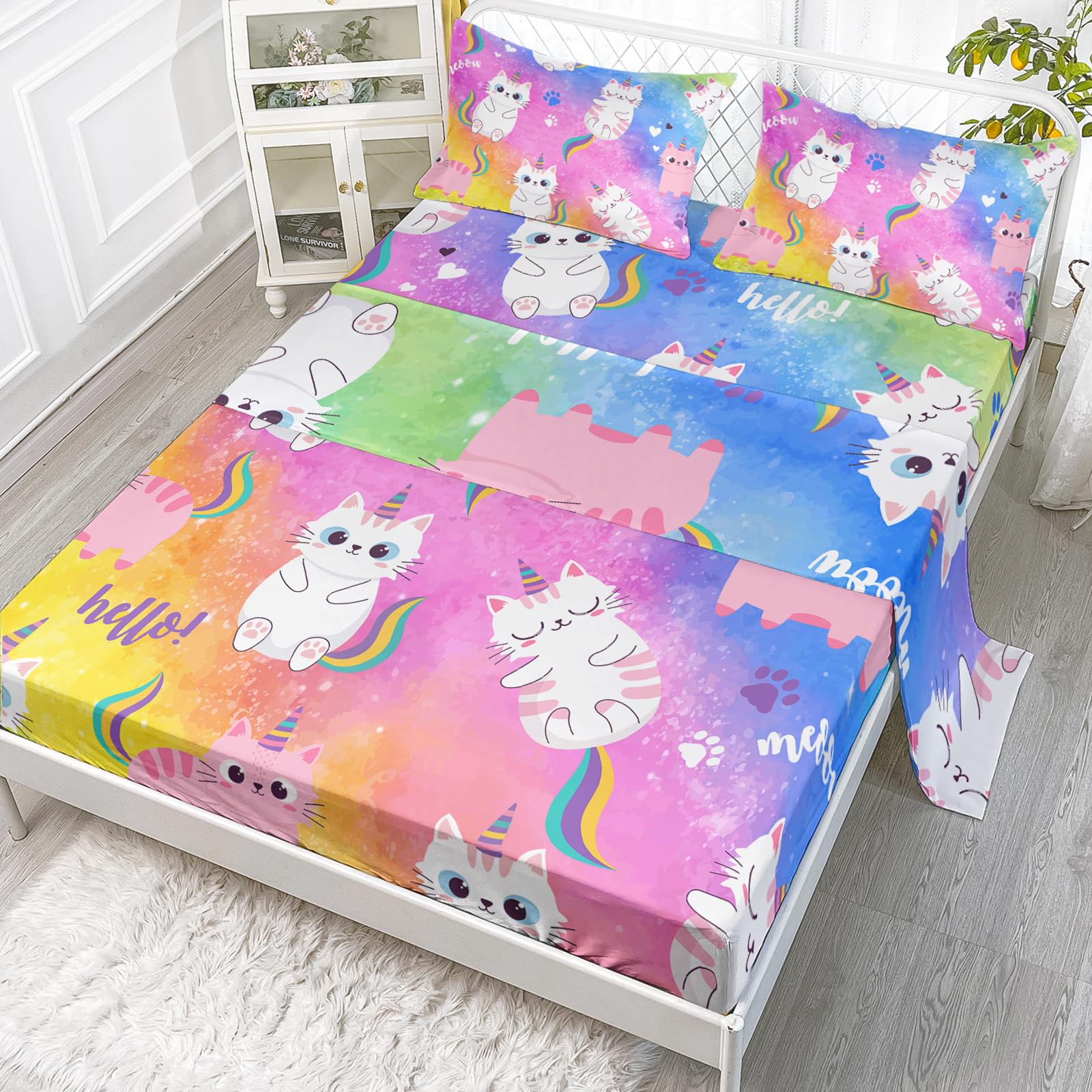 Amazon.com: Axolotl Cat Fitted Sheet Twin Size,Kawaii Cat Sheet Set ...