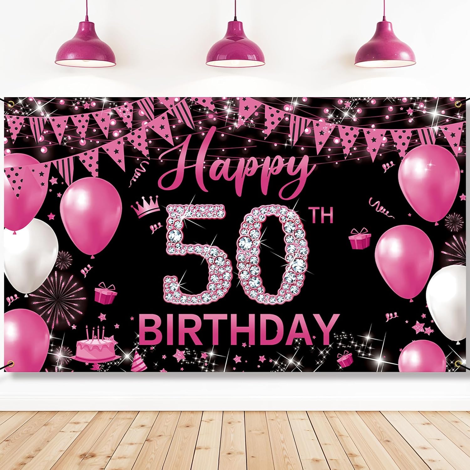 Amazon.com: PHXEY Fabric Happy 50th Birthday Banner Backdrop Hot Pink ...