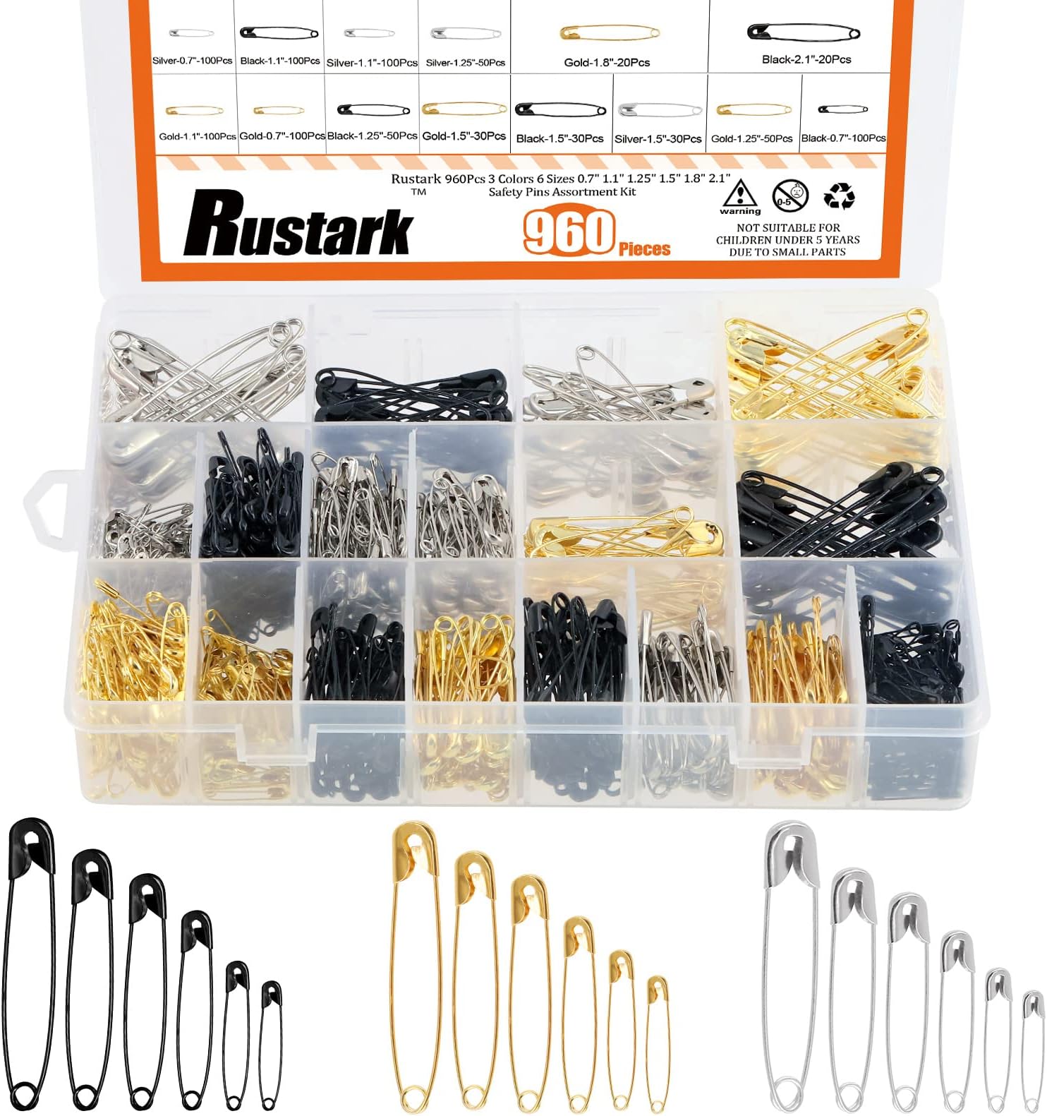 Luter 250 Pieces 6 Sizes Safety Pins Small and Large Pins Durable Rust ...