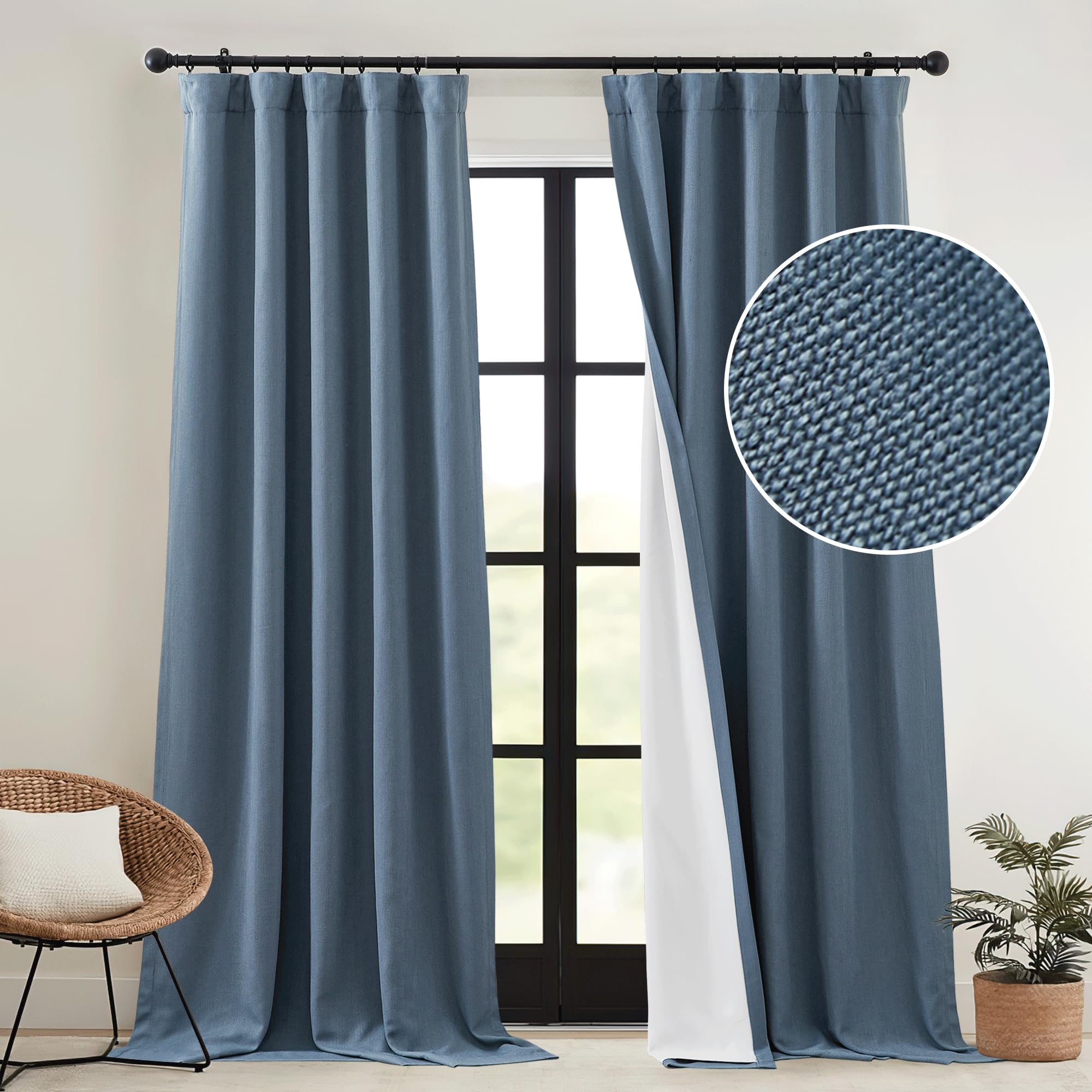 RYB HOME Blue Faux Linen Curtains 108 inches Long, Light Block ...