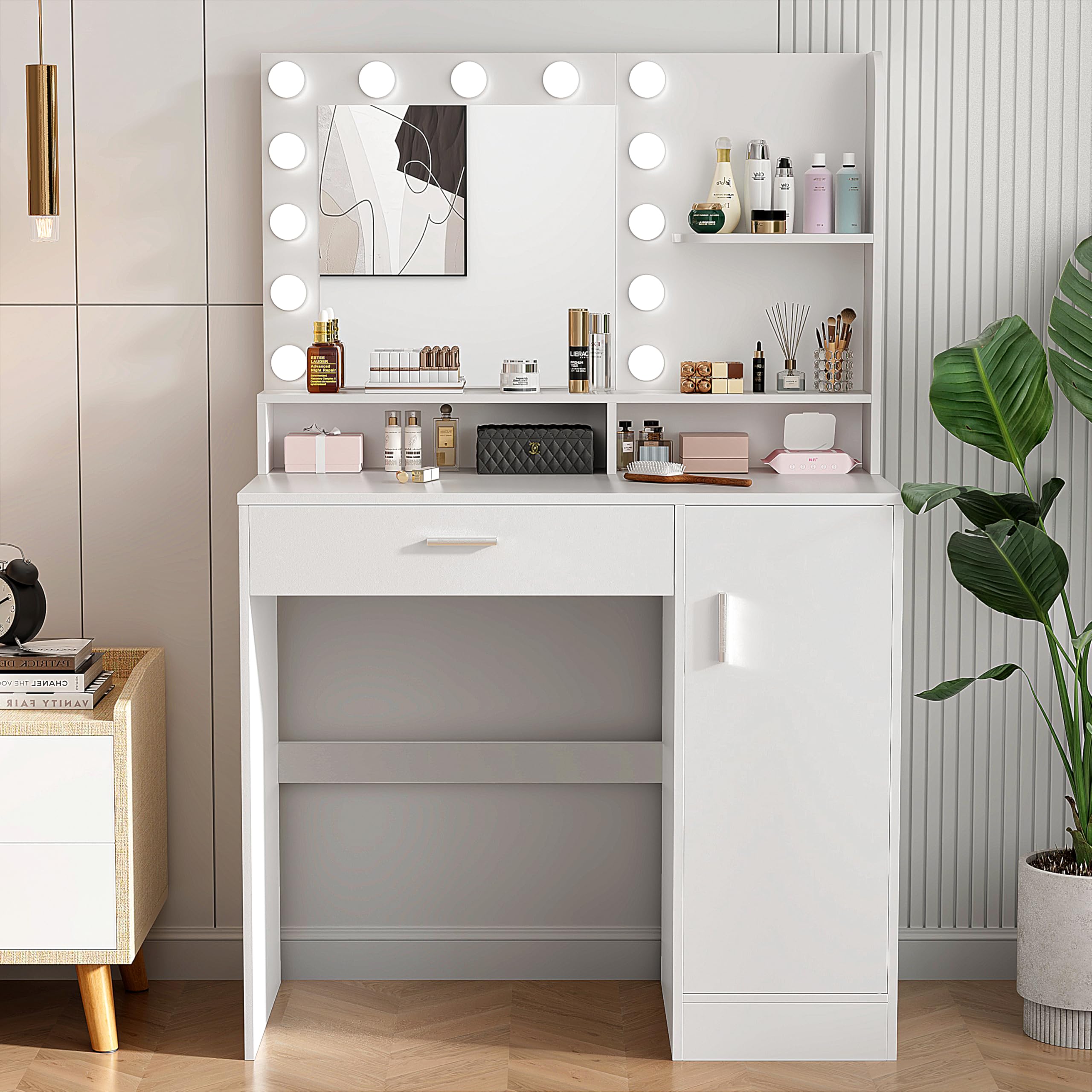 Amazon.com: Decofy White Vanity Desk with Mirror and Lights Makeup ...