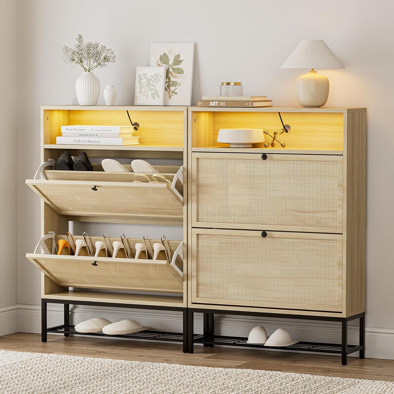 Amazon.com: IKIFLY Set of 2 Natural Rattan Shoe Cabinet with LED Light ...