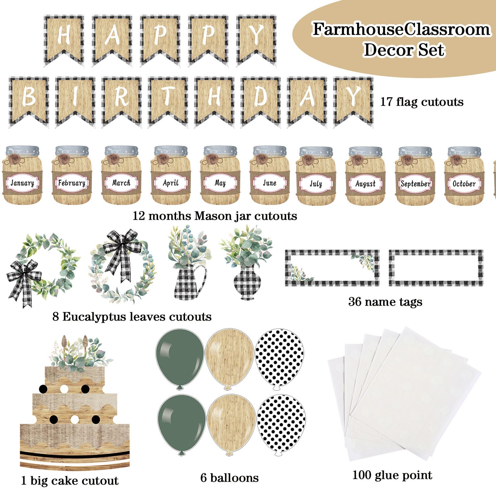 Snapklik.com : 80 Pcs Eucalyptus Farmhouse Classroom Board Decor ...