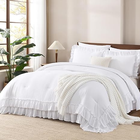 Amazon.com: Andency White Ruffle Comforter Set King, Shabby Chic ...