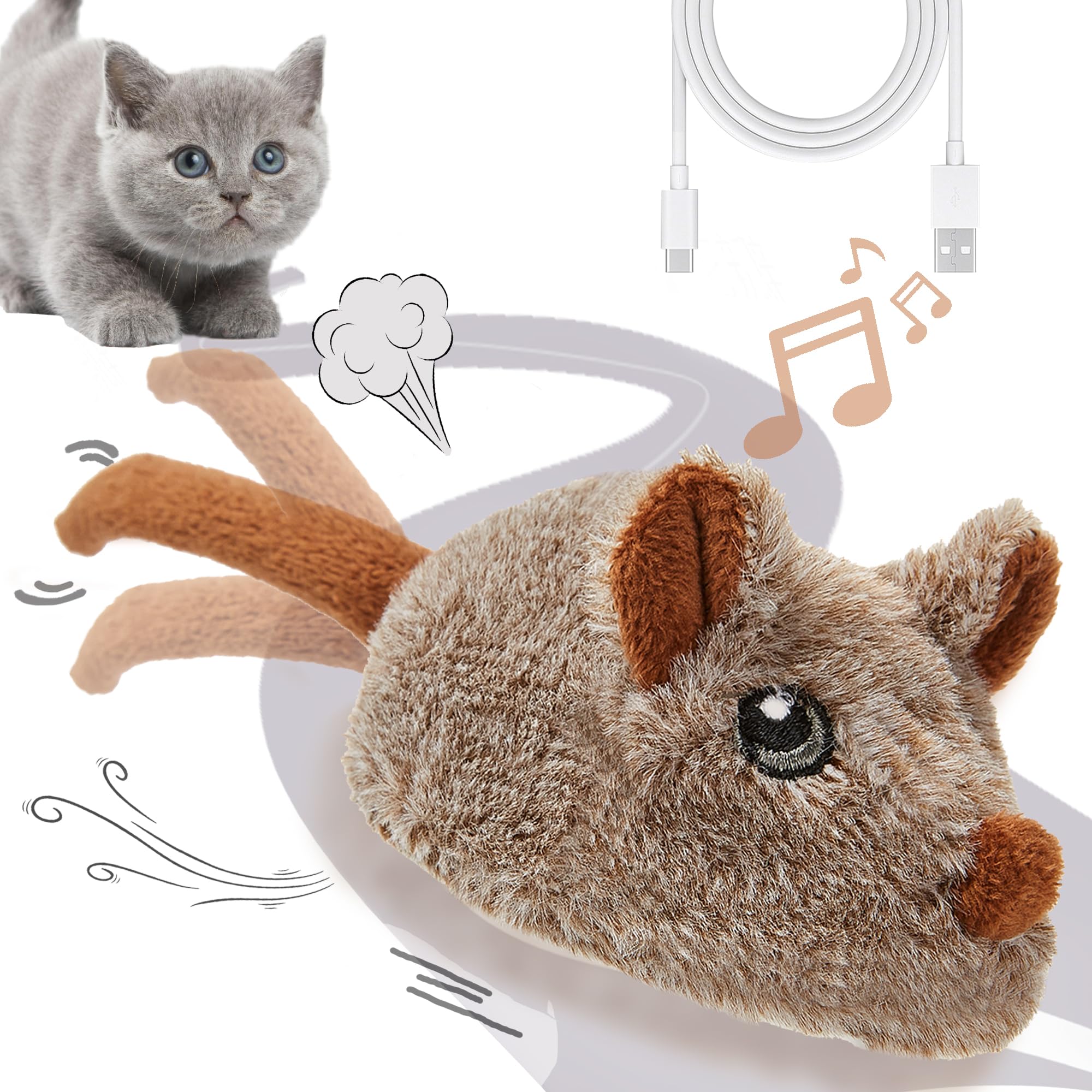 Vealind Cat Toys Rechargeable Mouse with Wagging Tail, Lifelike Squeak ...