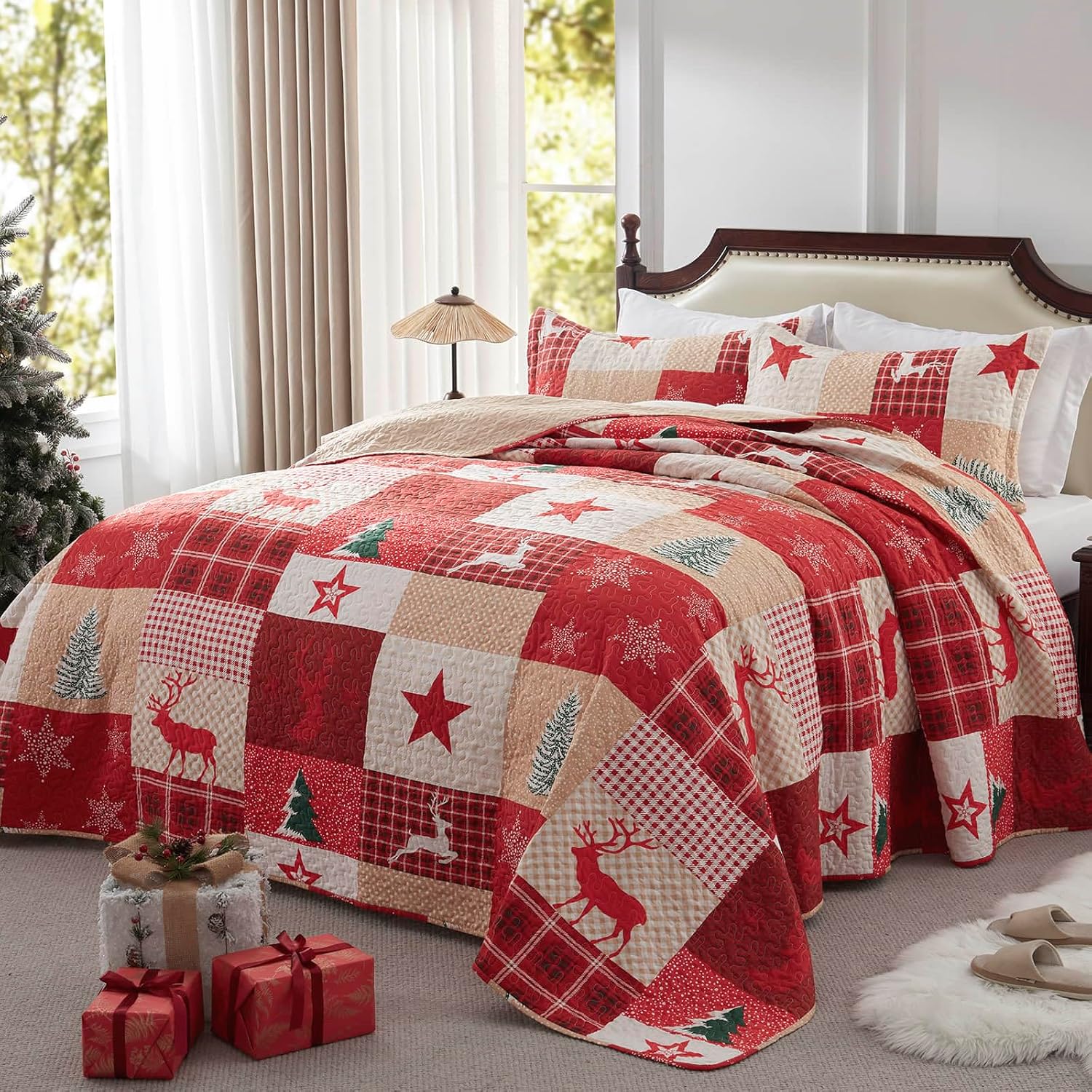 Amazon.com: LEAONME Christmas Quilt Set 3-Piece King Size Bedspread ...