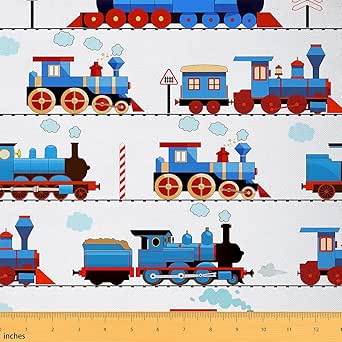 Amazon.com: jejeloiu Cartoon Vintage Train Fabric by The Yard 3 Yards Steam Engine Railway ...