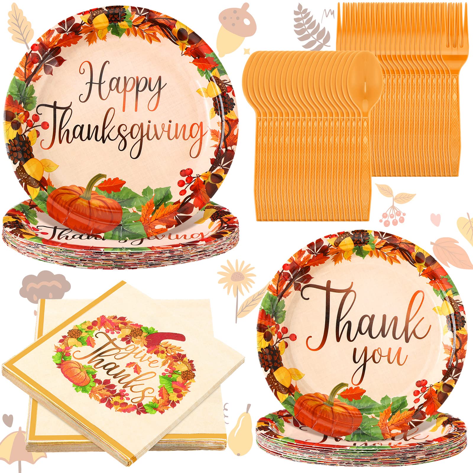 Amazon.com: Spiareal 100pcs Thanksgiving Paper Plates and Napkins ...