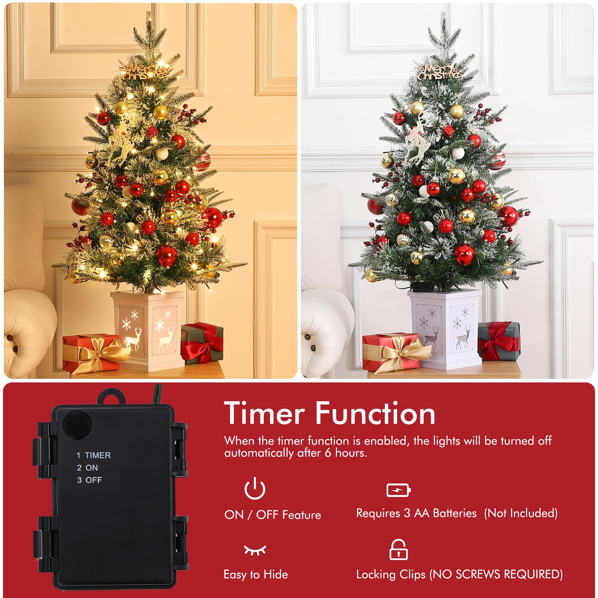 3 Ft Pre-Lit Christmas Tree, Artificial Christmas Trees with Lighting ...