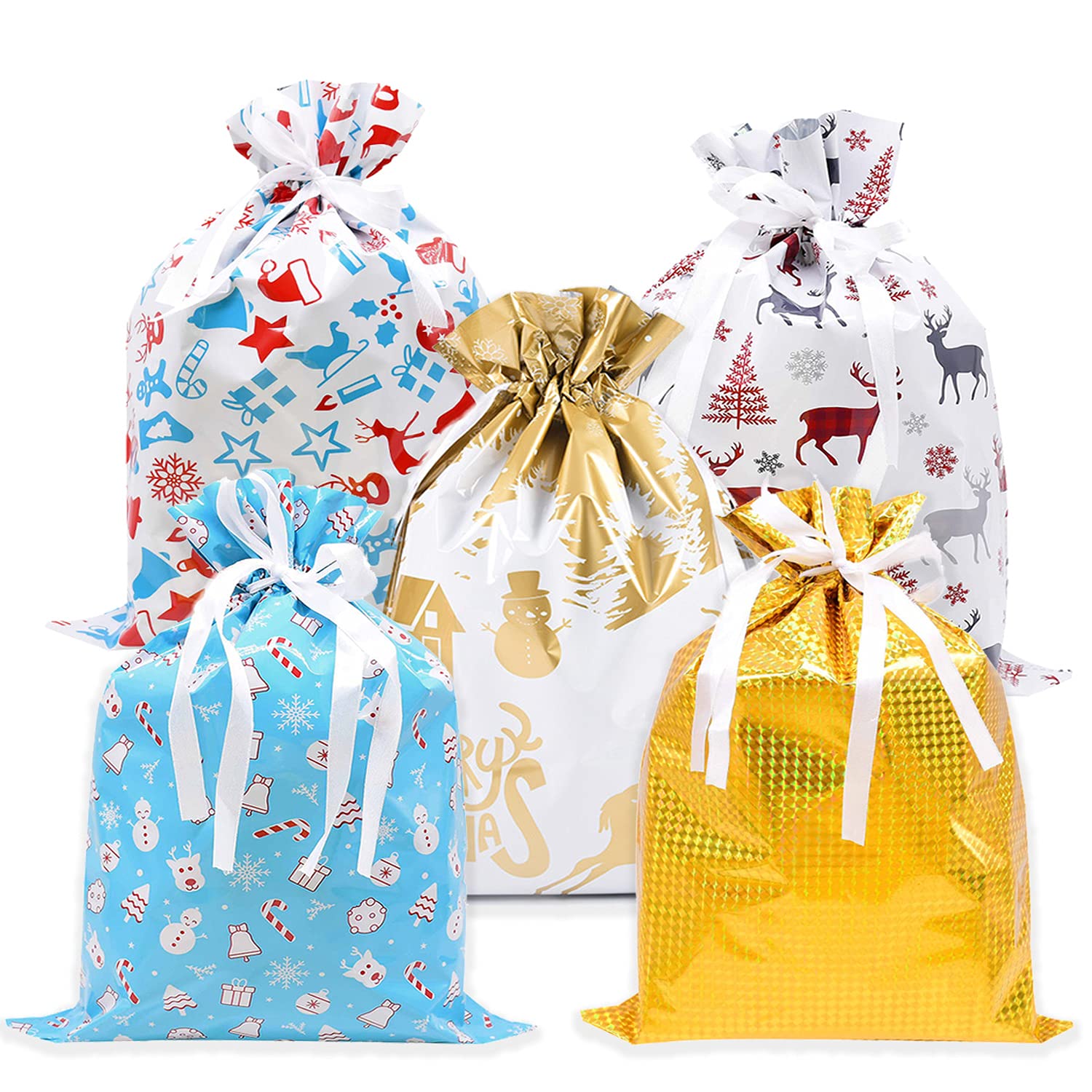 5PCS Christmas Bags,42 * 29cm Christmas Drawstring Bags with 5 Designs ...