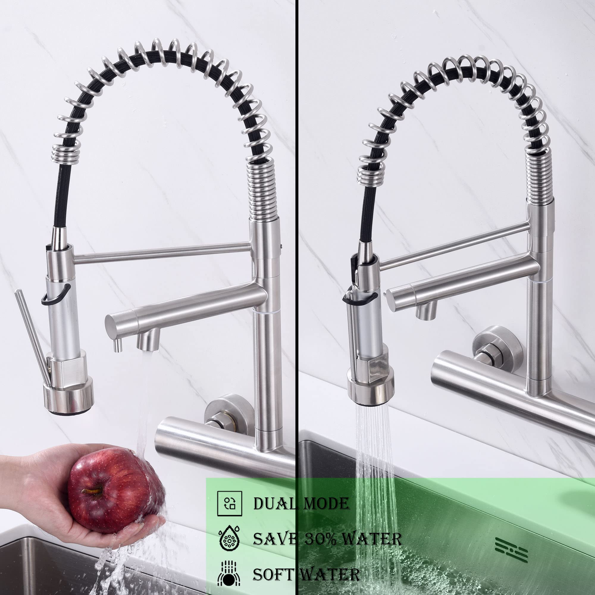 FLWUEUE Wall Mount Faucet 8 Inches Center, with Dual Sprayers, Pull ...