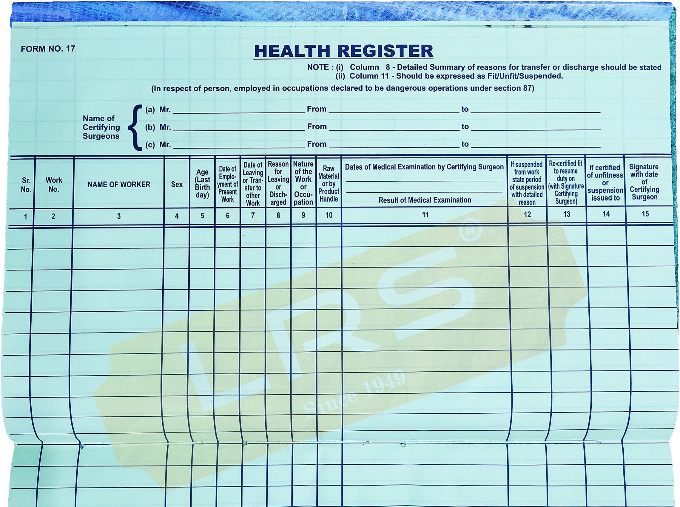 LRS Form No. 17 Health Register - 38 Pages Long - 75 GSM Ledger Paper ...