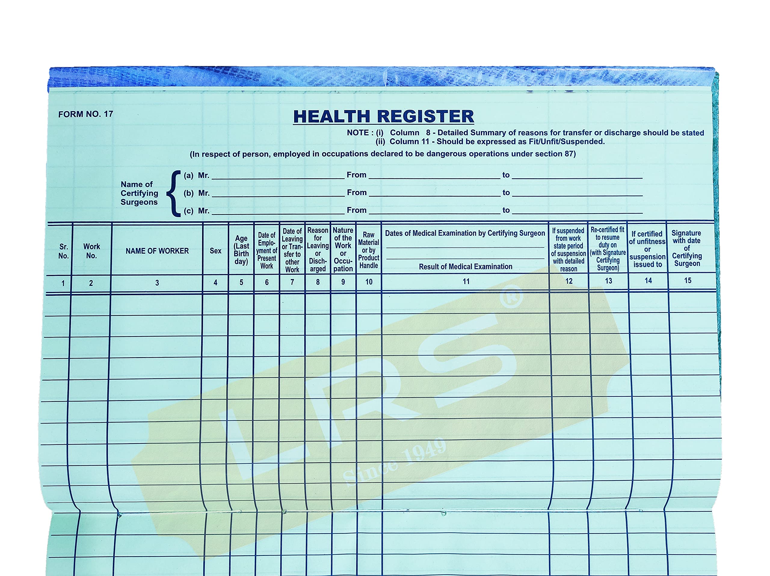 LRS Form No. 17 Health Register - 38 Pages Long - 75 GSM Ledger Paper ...