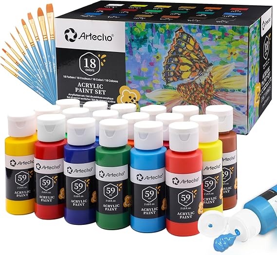 Artecho Acrylic Paints Set 18 Colors 2 Ounce/59ml with 10 Art Brushs ...