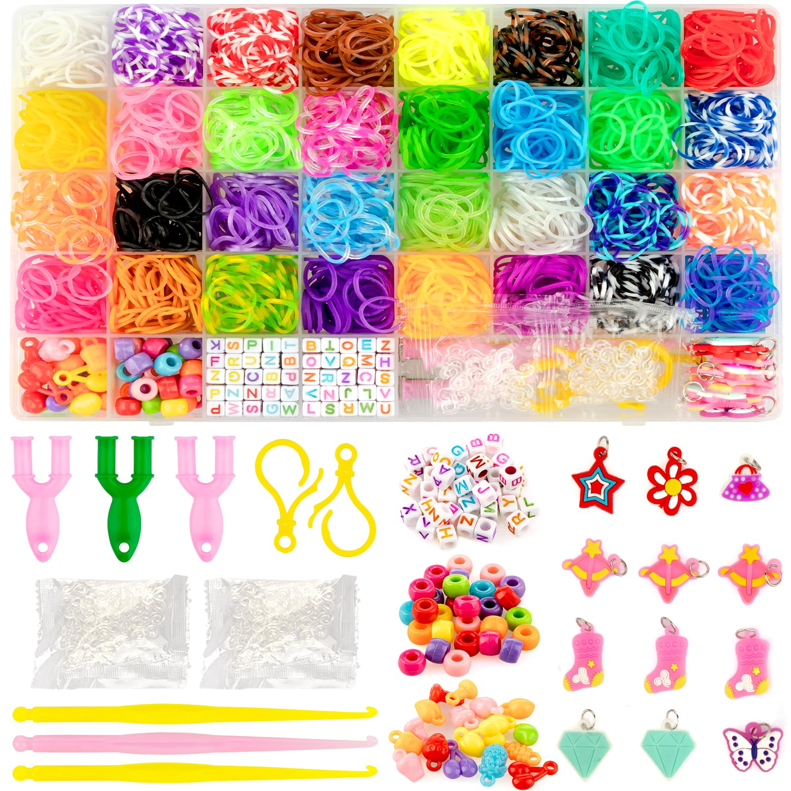 Colorful Braided Rubber Bands Kit 2500+ Rubber Bands 104 Alphabet Beads ...
