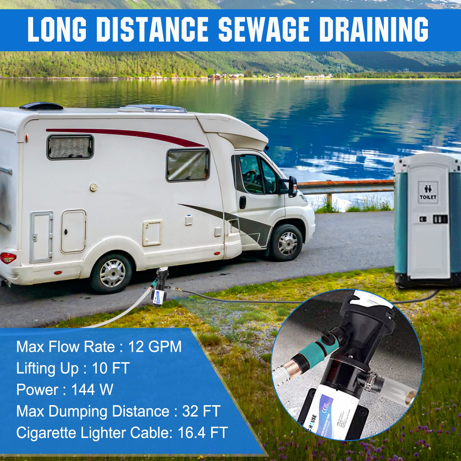 DC HOUSE RV Macerator Pump 12V 12 GPM, Portable Waste Water Pump with ...