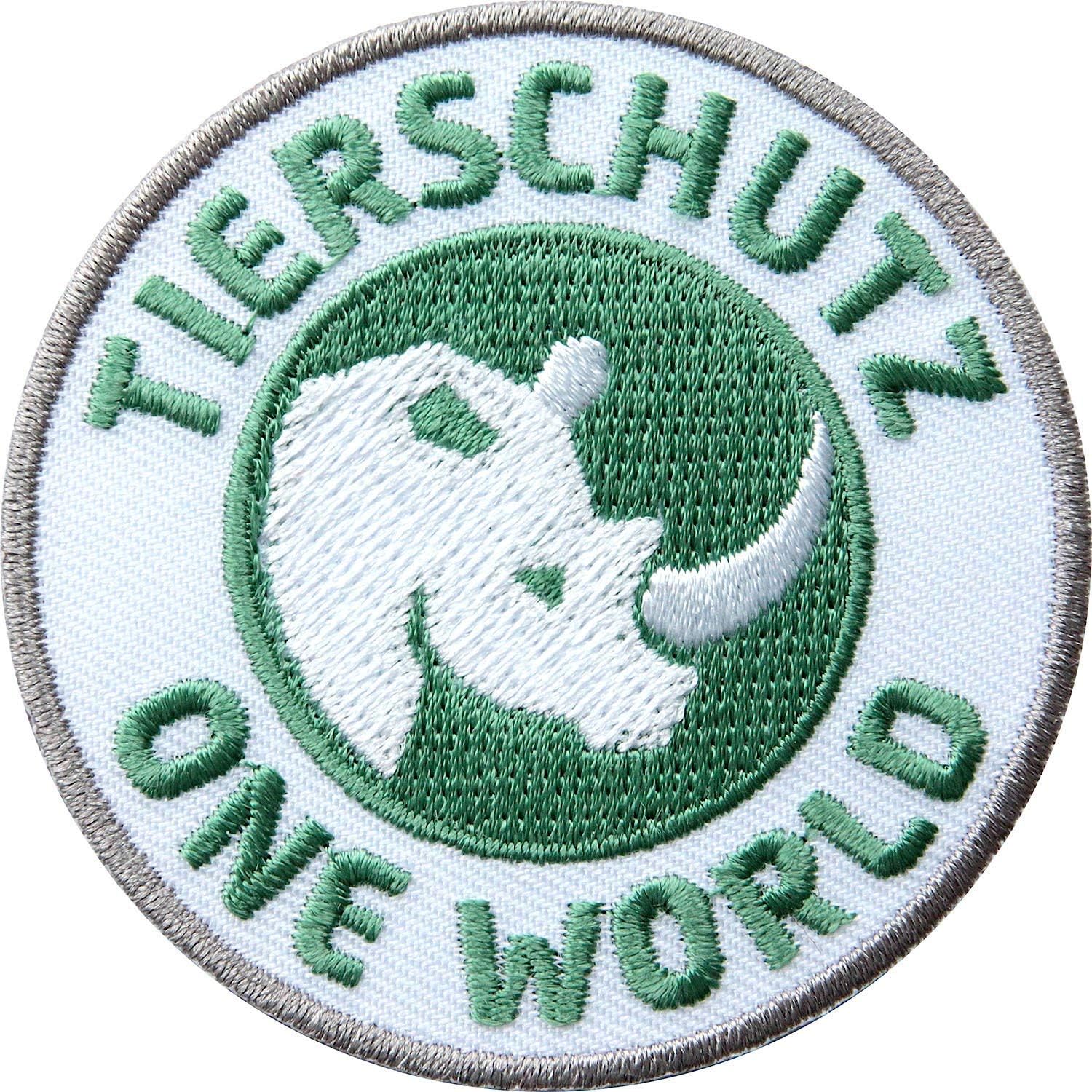 2 x Tierschutz Abzeichen gestickt 60 mm/One World mit Nashorn Symbol ...