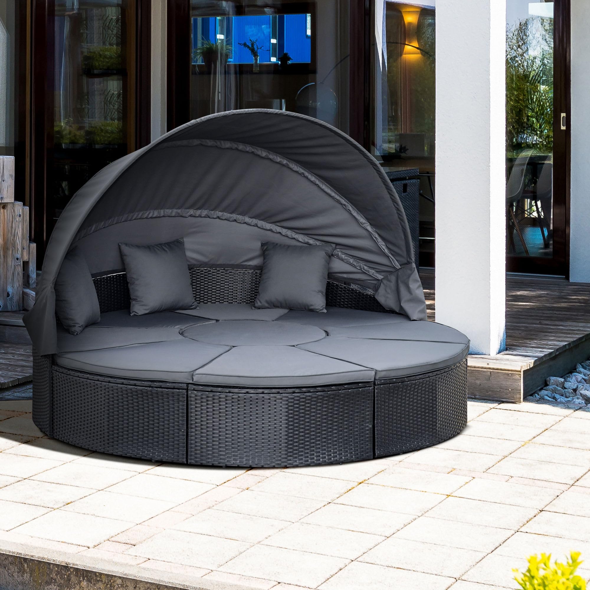 Canopy For Bed PE Rattan Patio Double Sun Lounger Bed With Adjustable ...