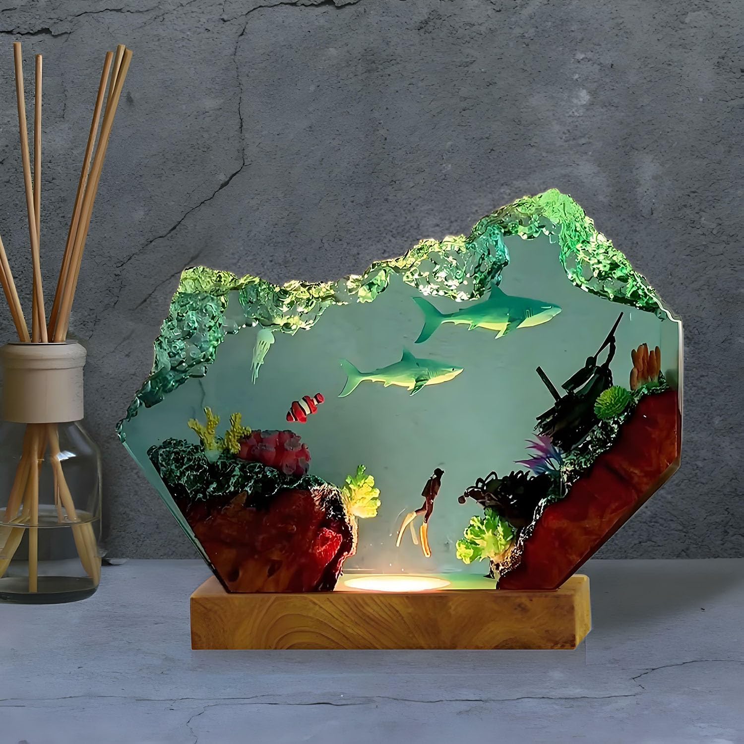 Shark Resin Lamp, Scuba Diving Resin Ocean Lamp,Handmade Shark Decor ...