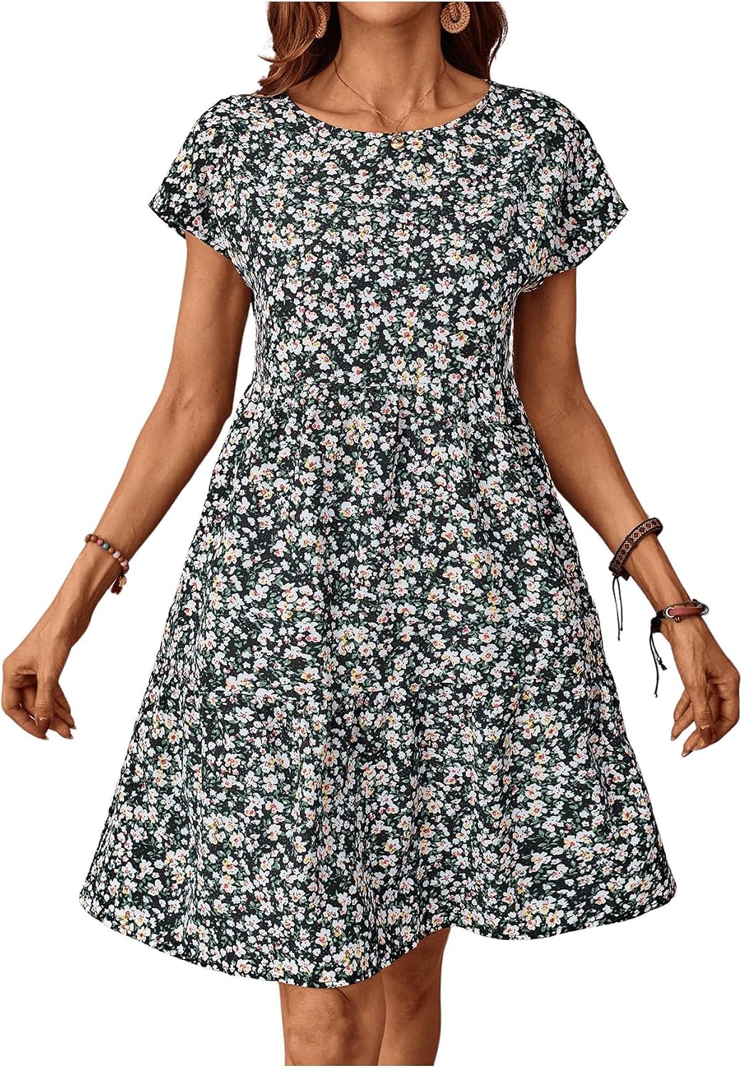 BEAUDRM Women's Floral Printed Short Dress Short Sleeve Crew Neck ...