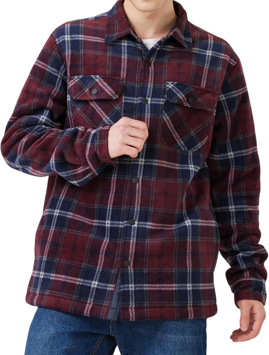 Amazon.com: Men’s Sherpa Fleece-Lined Plaid Shirt Jacket, Long Sleeve ...