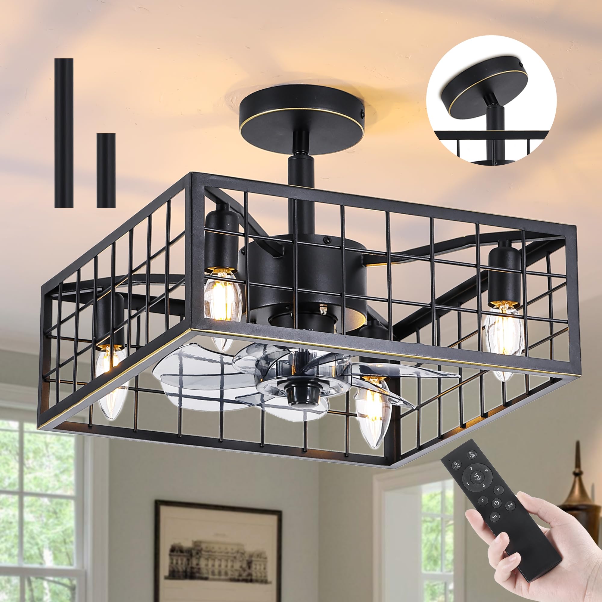 15 in Black Small Ceiling Fan with Light, Flush Mount Modern Industrial ...