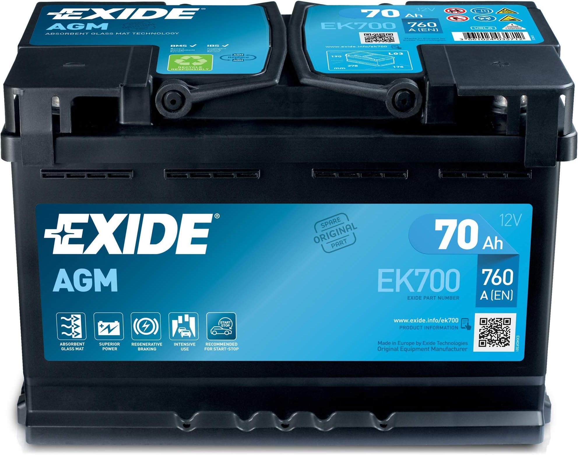 Exide 096 AGM Car Battery 70Ah AGM700 EK700, Large : Amazon.co.uk ...