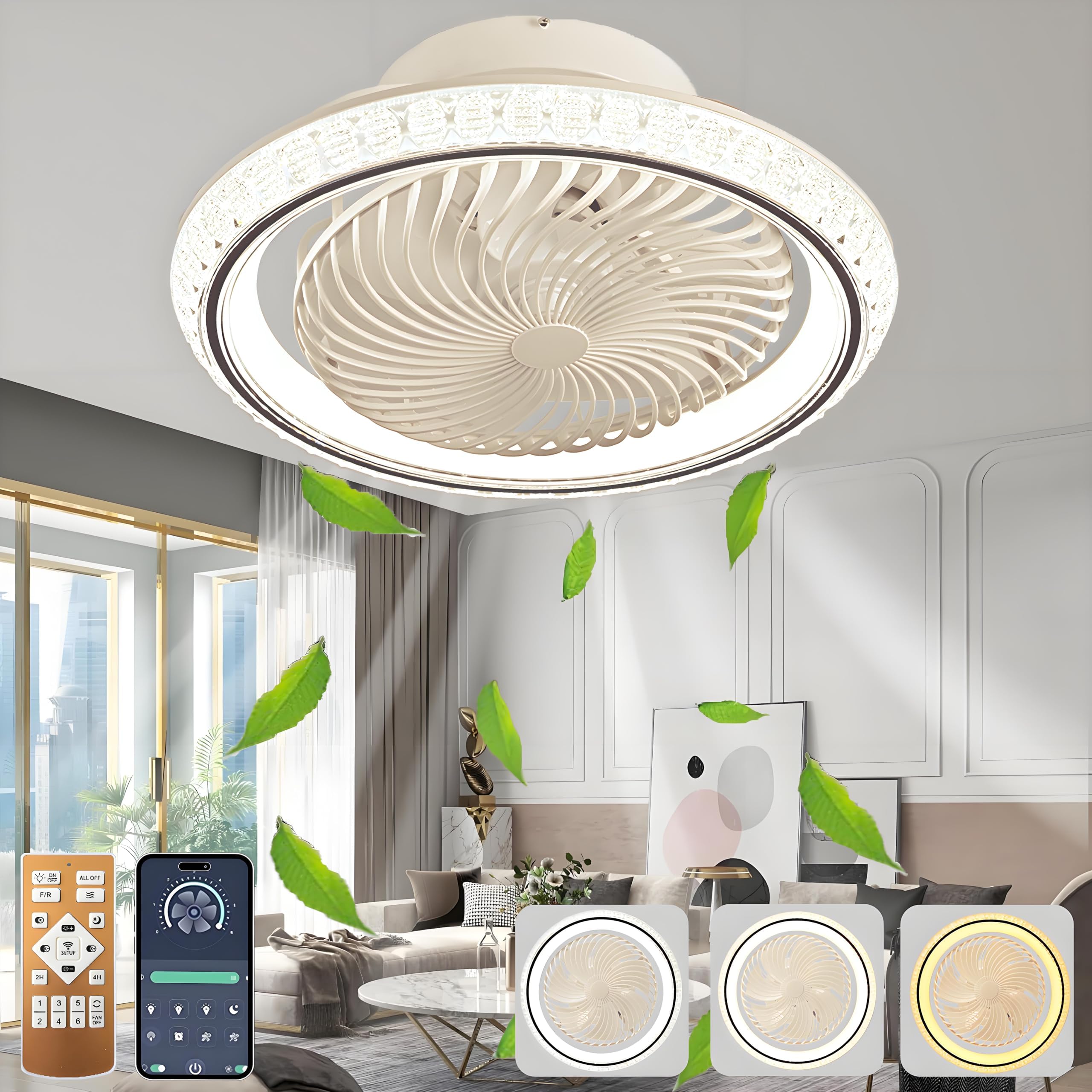 AJZXQM LED Deckenventilator mit Beleuchtung, Leise, 75W Deckenlampe mit ...
