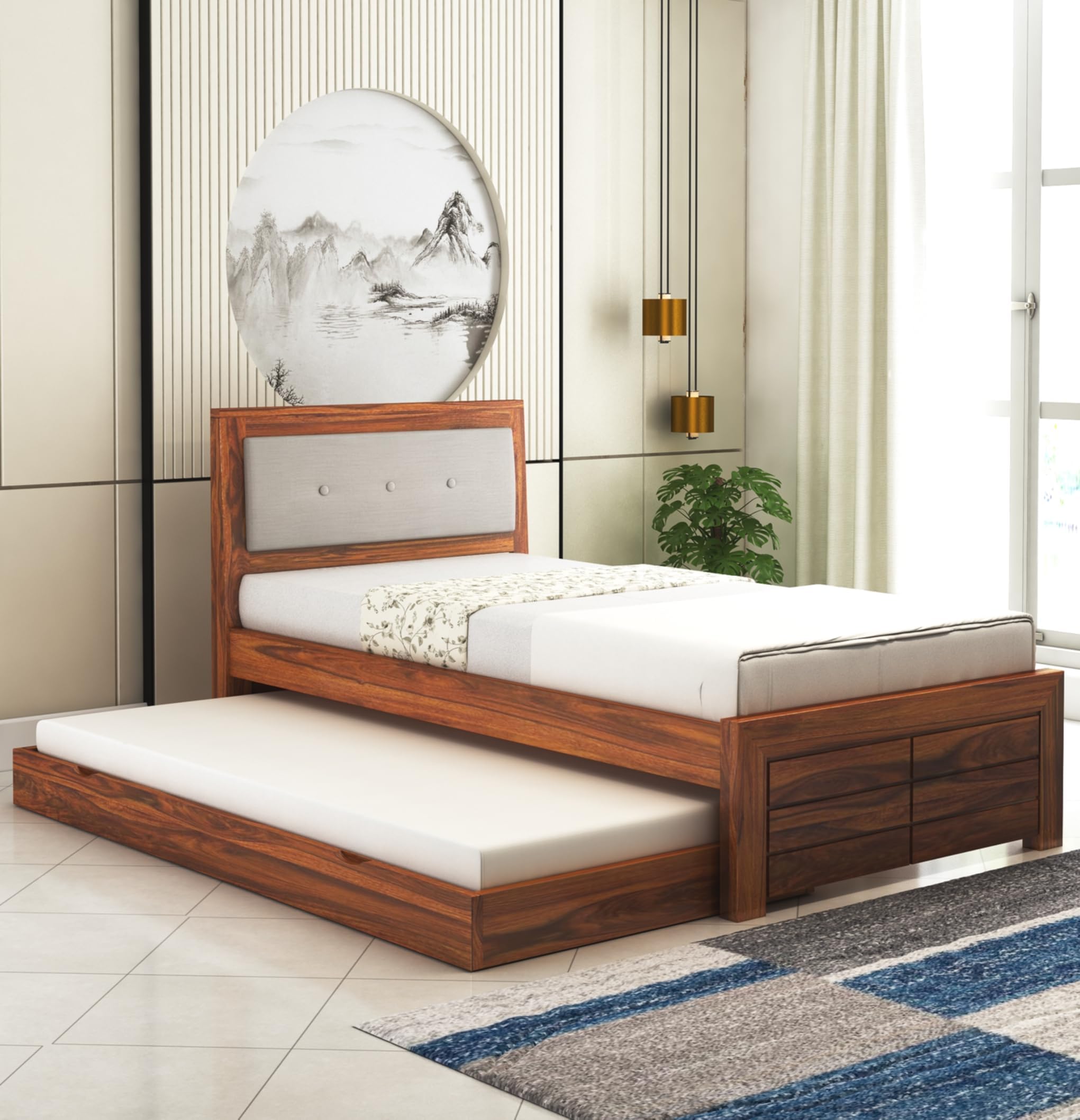 Ganpati Arts Sheesham Wood Euro Single Size Trundle Bed with 1 Extra ...