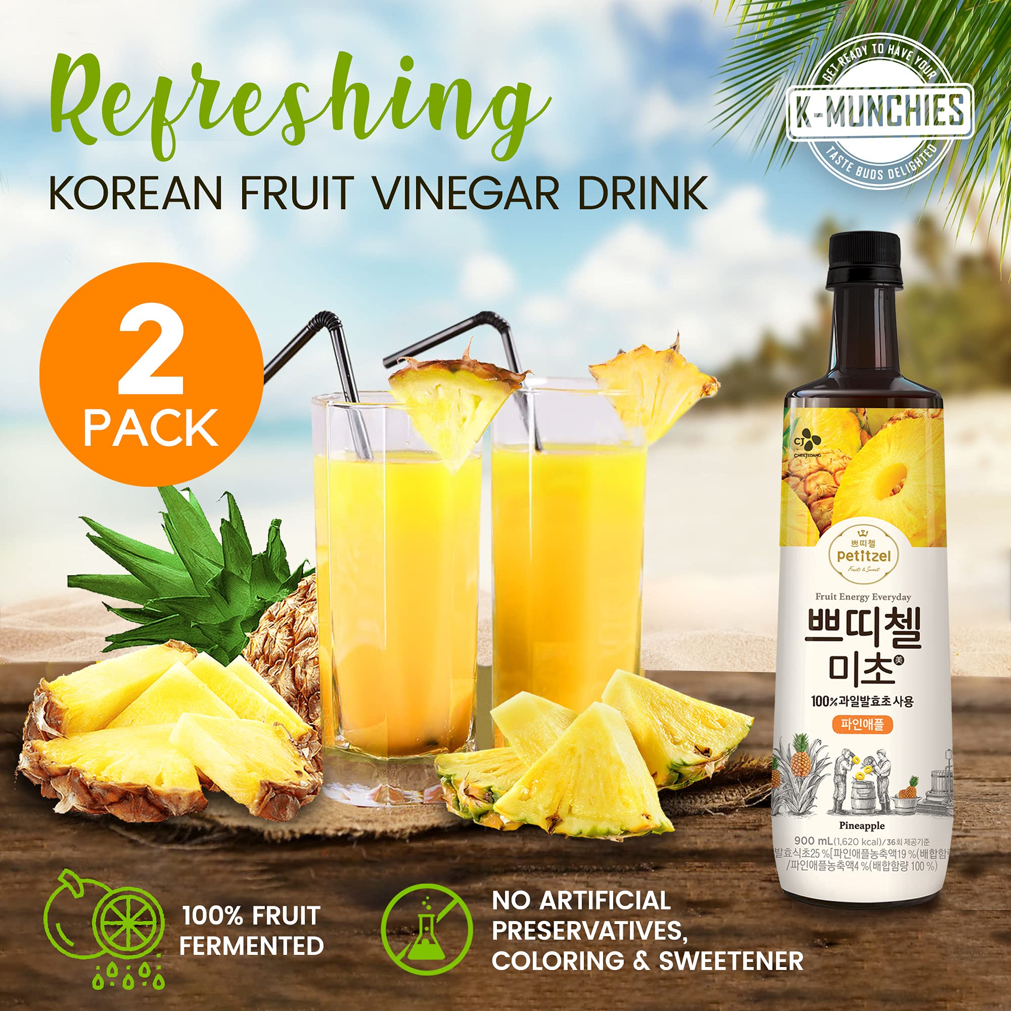 Snapklik.com : K-Munchies CJ Petitzel Fruit Vinegar Drink - 2 X 900 mL Korean Pineapple Vinegar ...