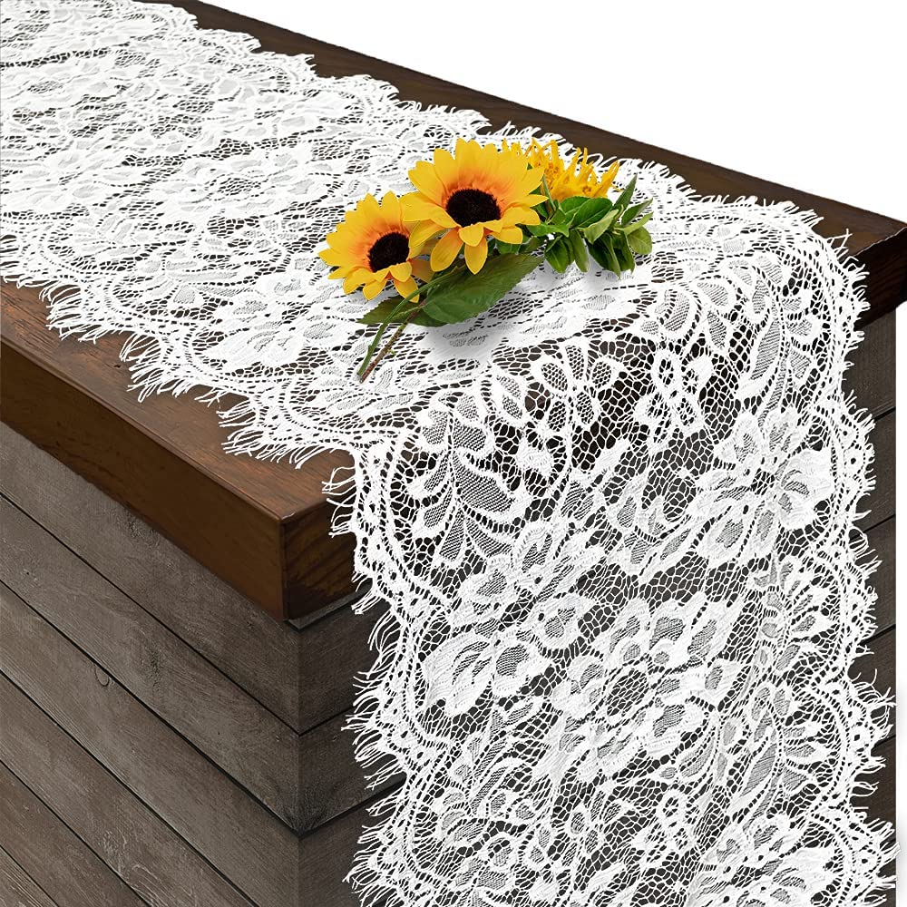 SILKROW 4PCs 11x118 Inch White Lace Table Runner White Farmhouse Chic ...