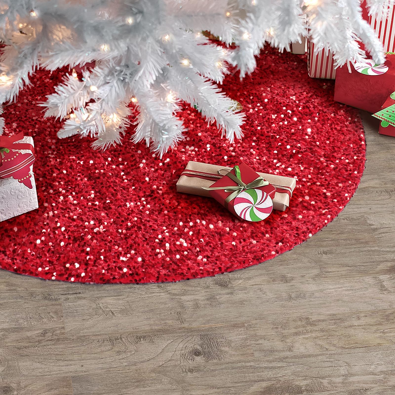 PIKRONSH Christmas Tree Skirt, 32 Inch Red Sequin Tree Skirt, Xmas ...