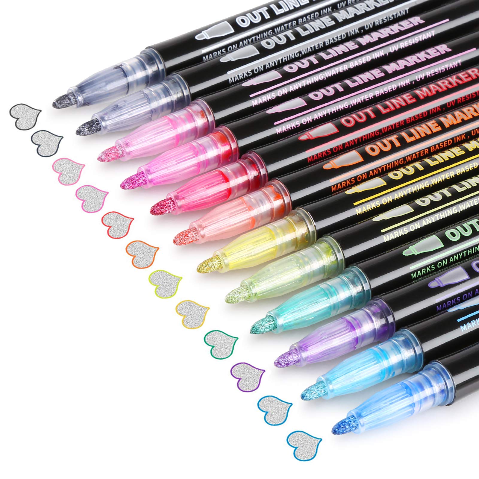 Double Line Outline Pens, AGPtEK 12 Colors Outline Glitter Markers for ...