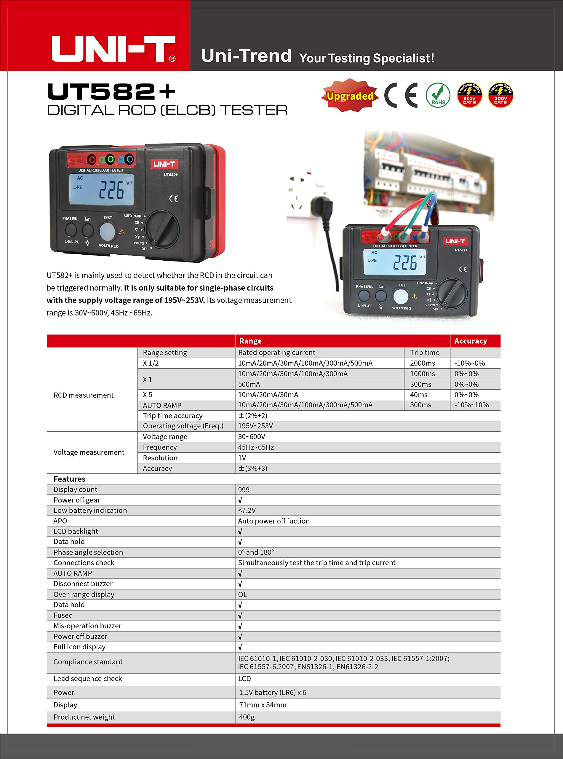 UNI-T UT582+ Digital RCD (ELCB) Tester, 1000 count with phase switch ...