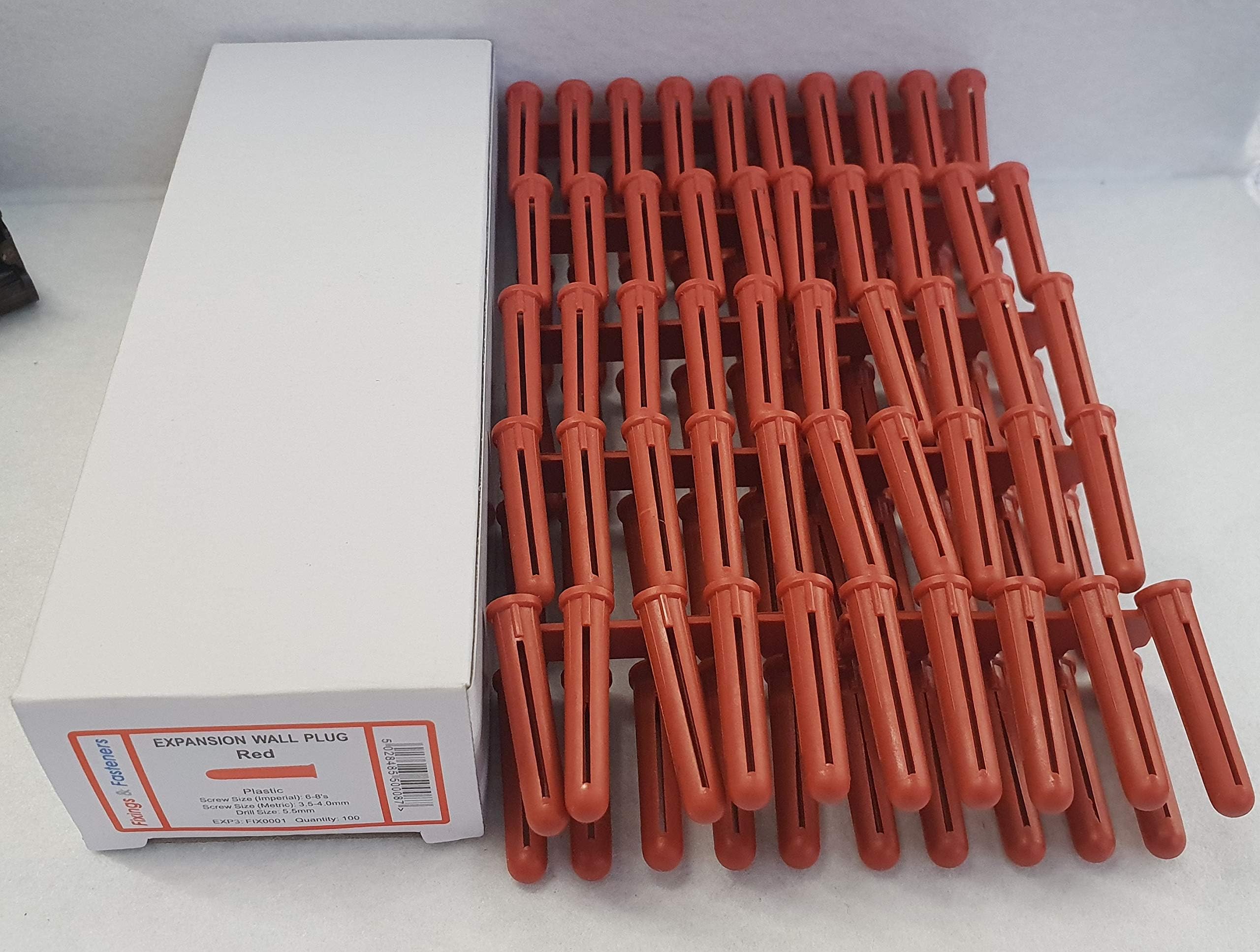 100 x Wall Plug Plastic Expansion Wall Fixing Raw Rawl Plugs 5.5mm Red ...