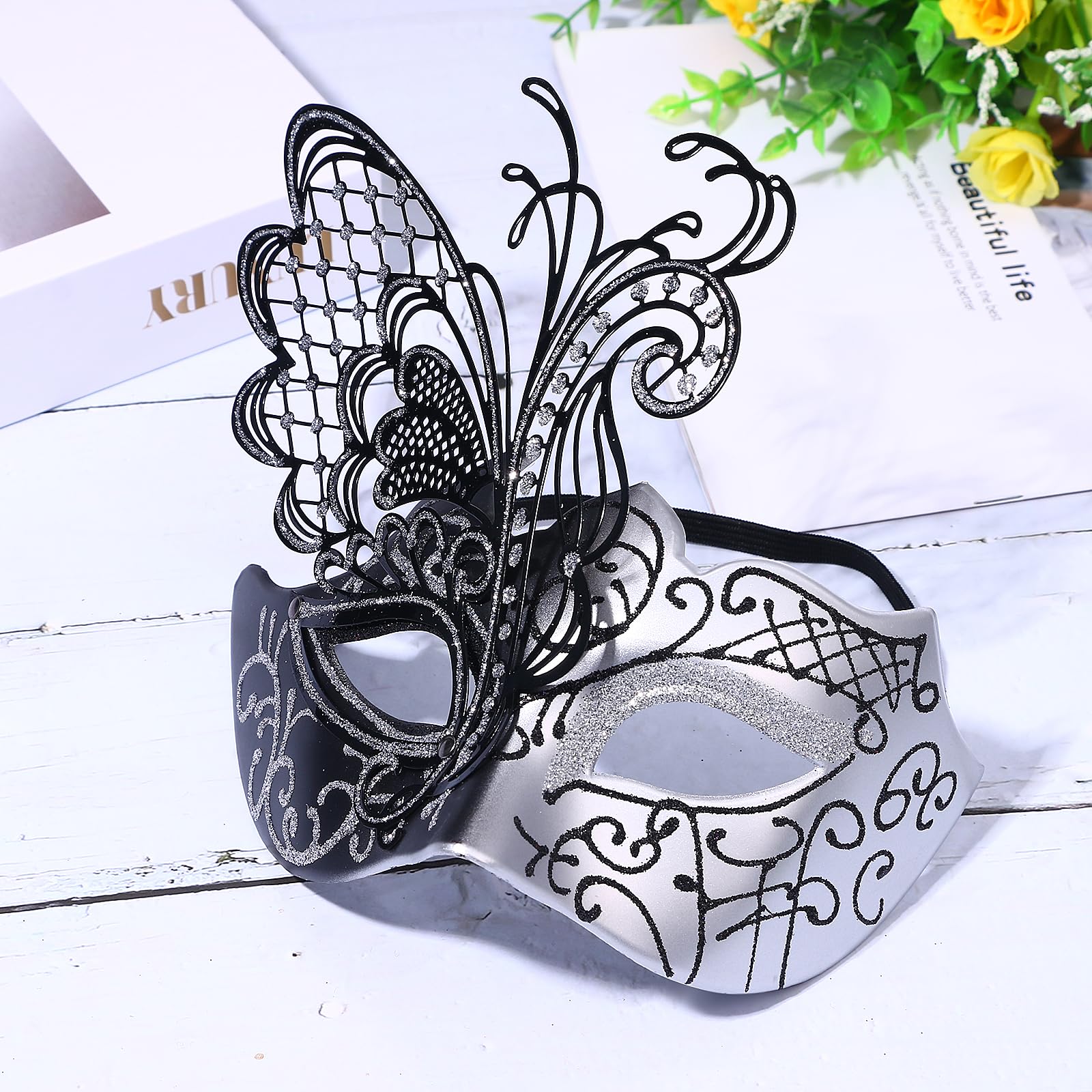 vtrem Couples Masquerade Masks Set: Women Butterfly Rhinestone Venetian ...