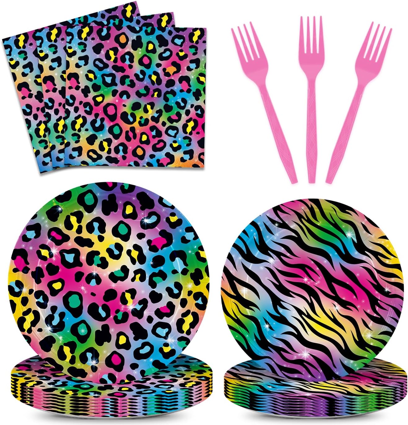 Amazon.com: 96pcs Neon Rainbow Leopard Plates Napkins Birthday Party ...