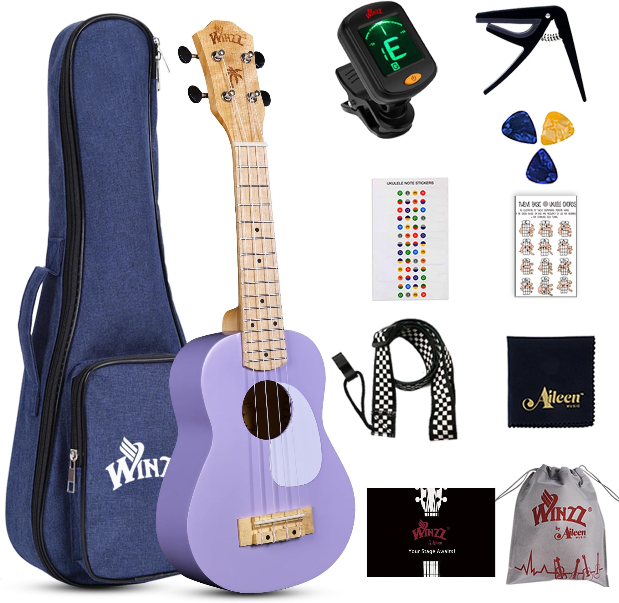 Amazon.com: WINZZ Soprano Ukulele for Beginners, 21 Inch Hawaiian Wood ...