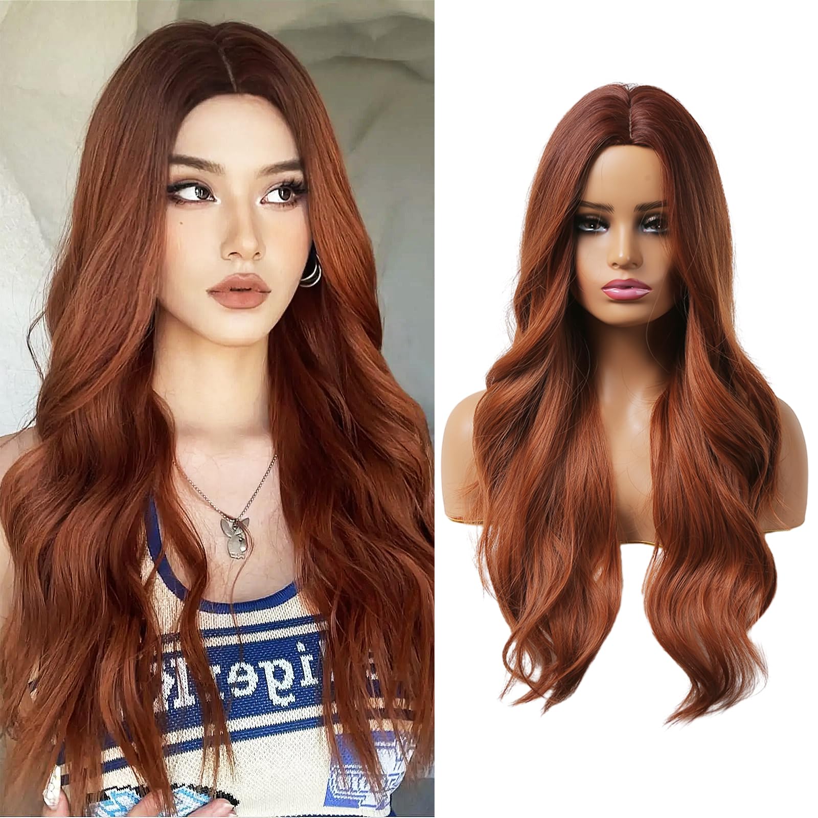 Amazon.com : Qihang Long Auburn Wigs for Women 26 Inch Middle Part Red Curly Wavy Wig Natural ...