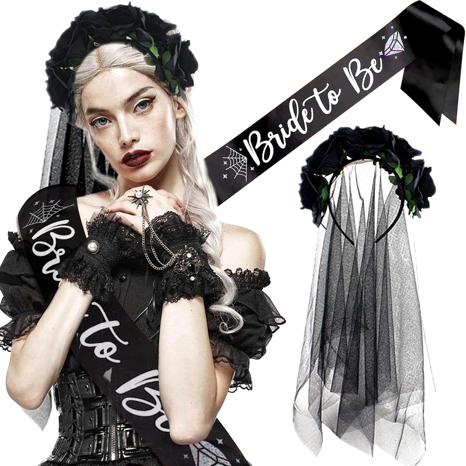 Amazon.com: JeVenis Goth Bride to Be Sash Gothic Rose Flower Headband ...