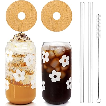 Amazon.com: Daisy Glass Cup with Lid & Straw, Gifts for Friends Female ...