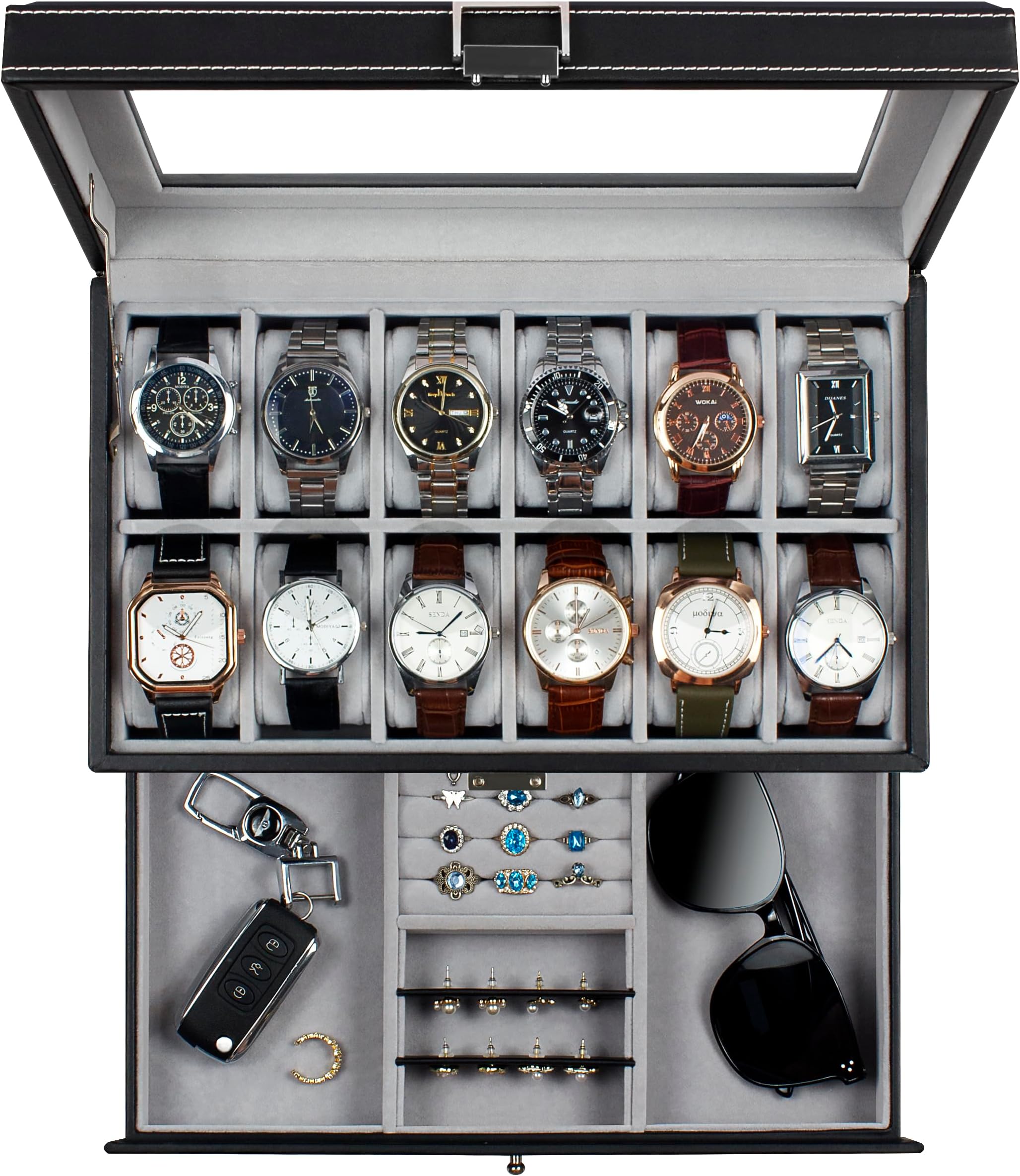 Amazon.com: 20 Slots Watch Boxes Jewelry Organizer with Drawer,2 Layers ...