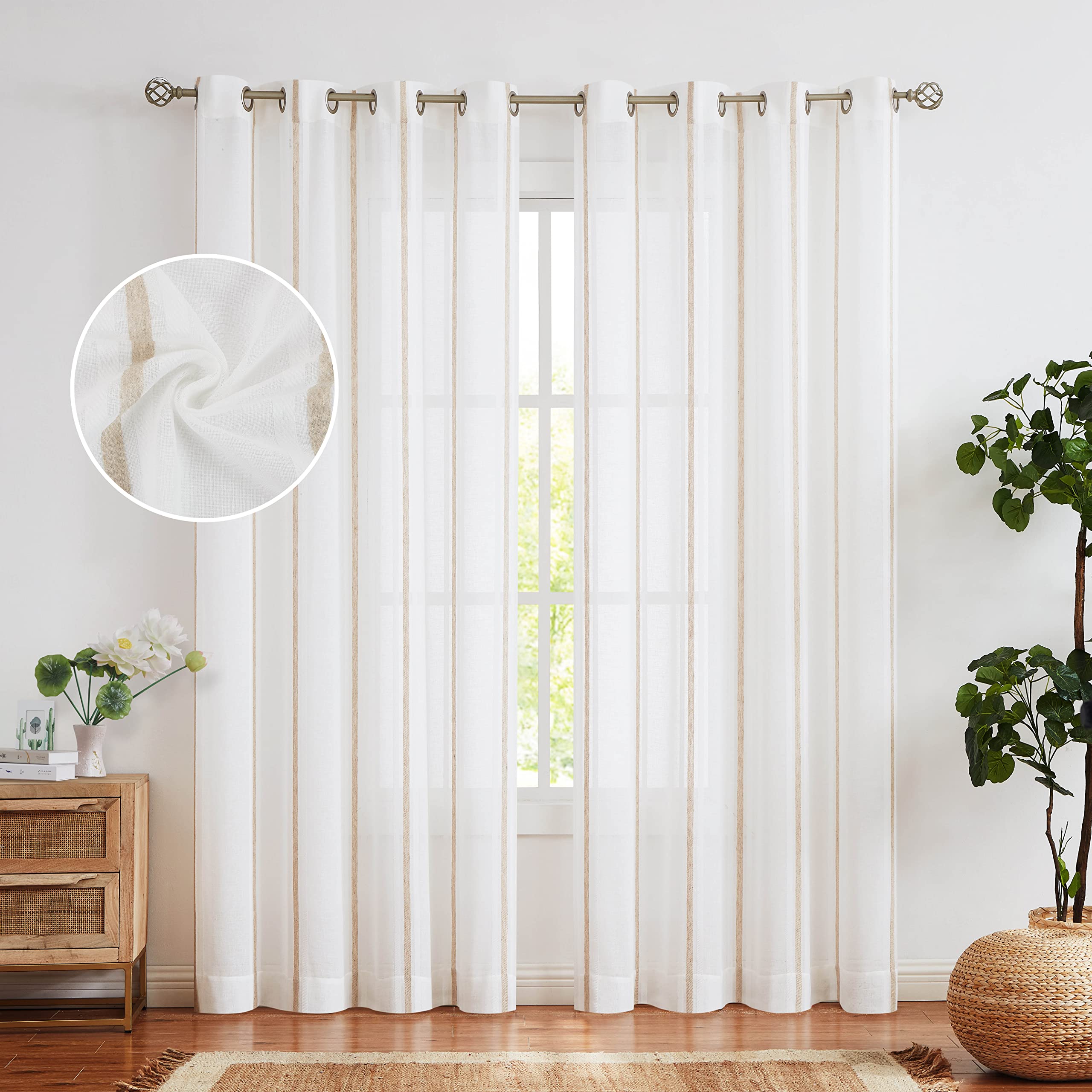 WEST LAKE Pinstripes Semi Sheer Curtain Panels Linen Texture Voile ...