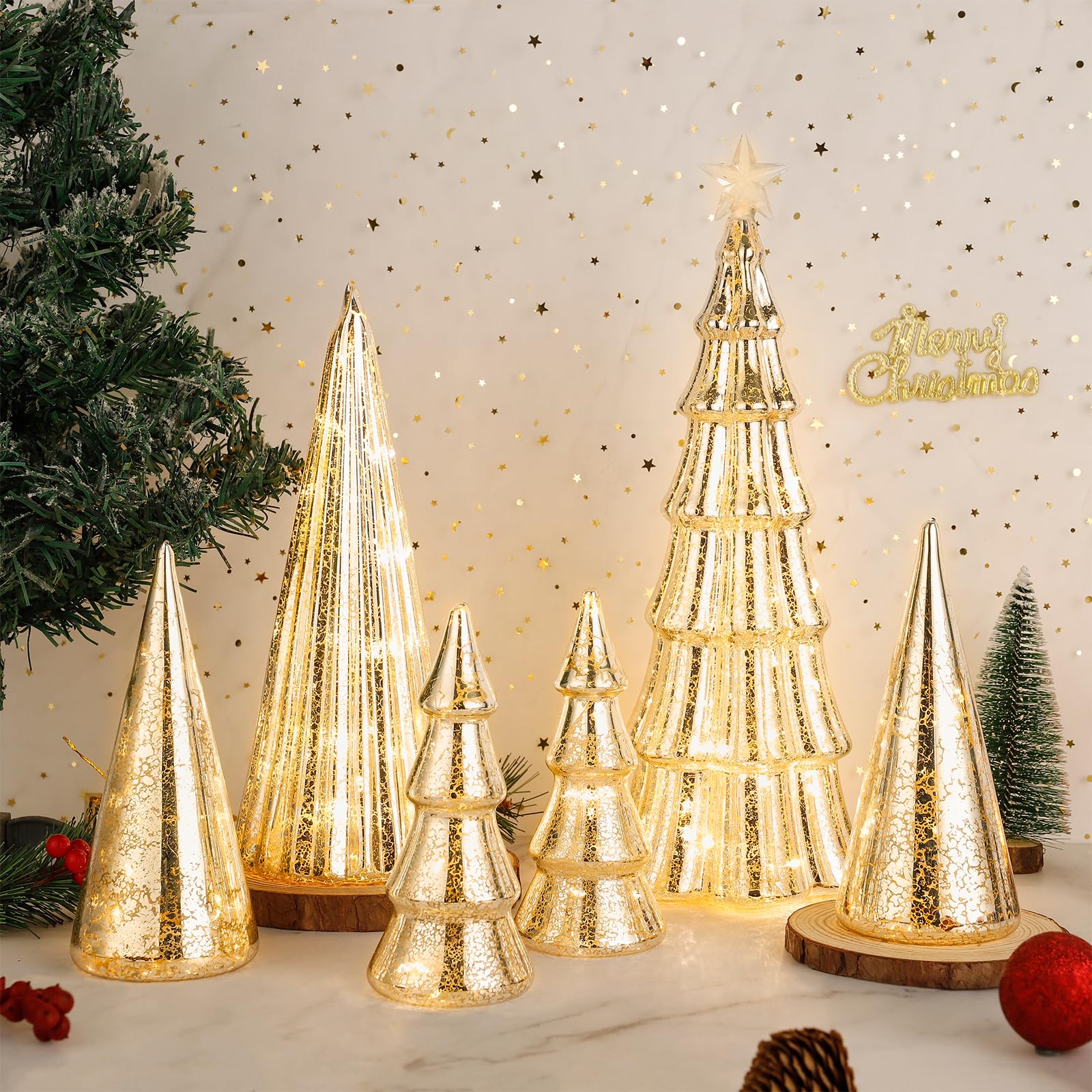 Amazon.com: Set of 6 Mercury Glass Christmas Tree with Lights 13.8inch ...