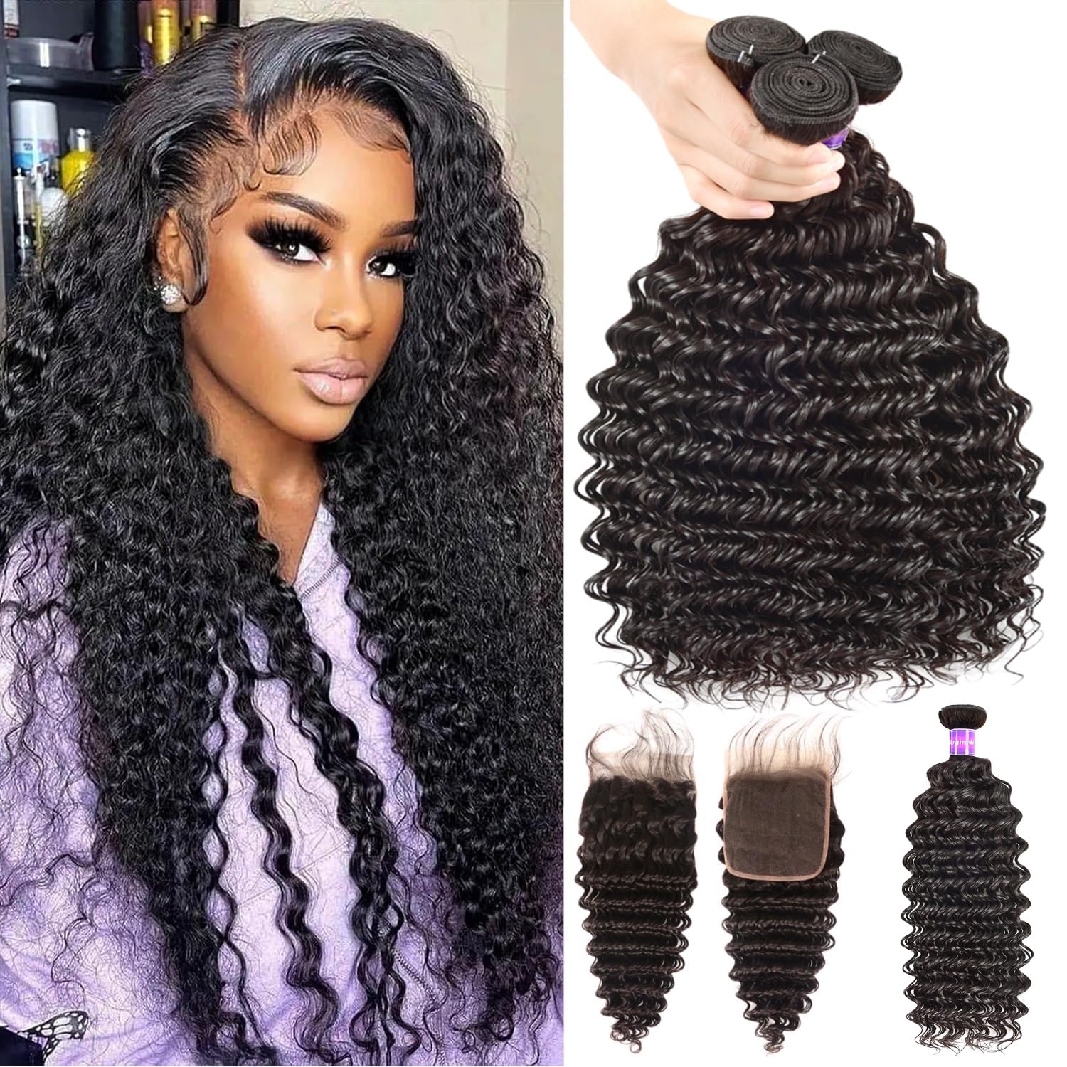 Amazon.com : Brazilian Deep Wave Bundles With Closure 100% Unprocessed ...